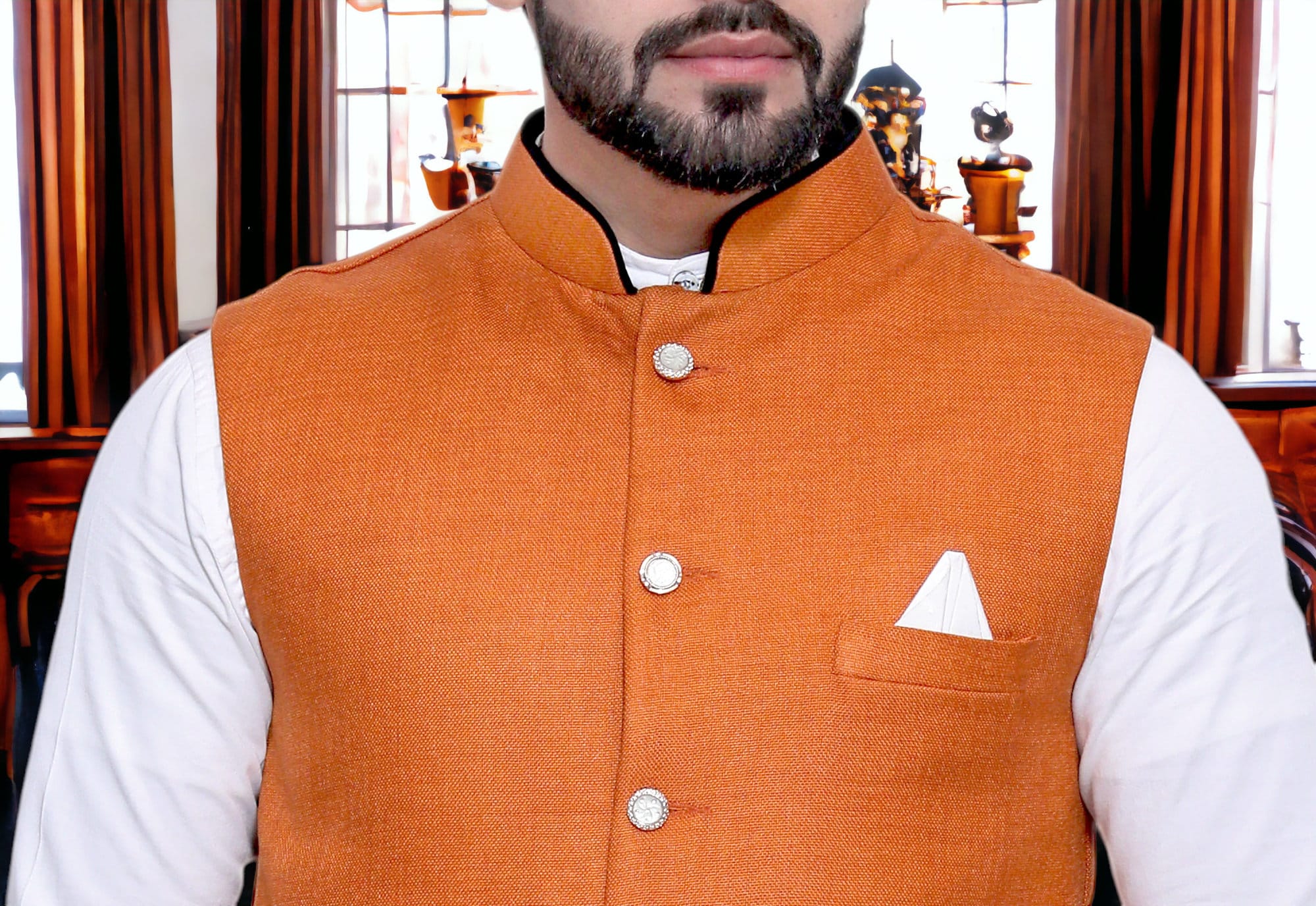 Men Traditional Jute Orange Nehru Jacket Stylish Ethnic Indian ...