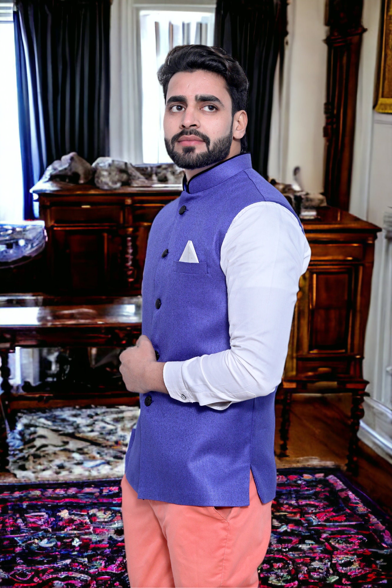 Men Traditional Blue Jute Nehru Jacket Vest Classic Indian - Etsy