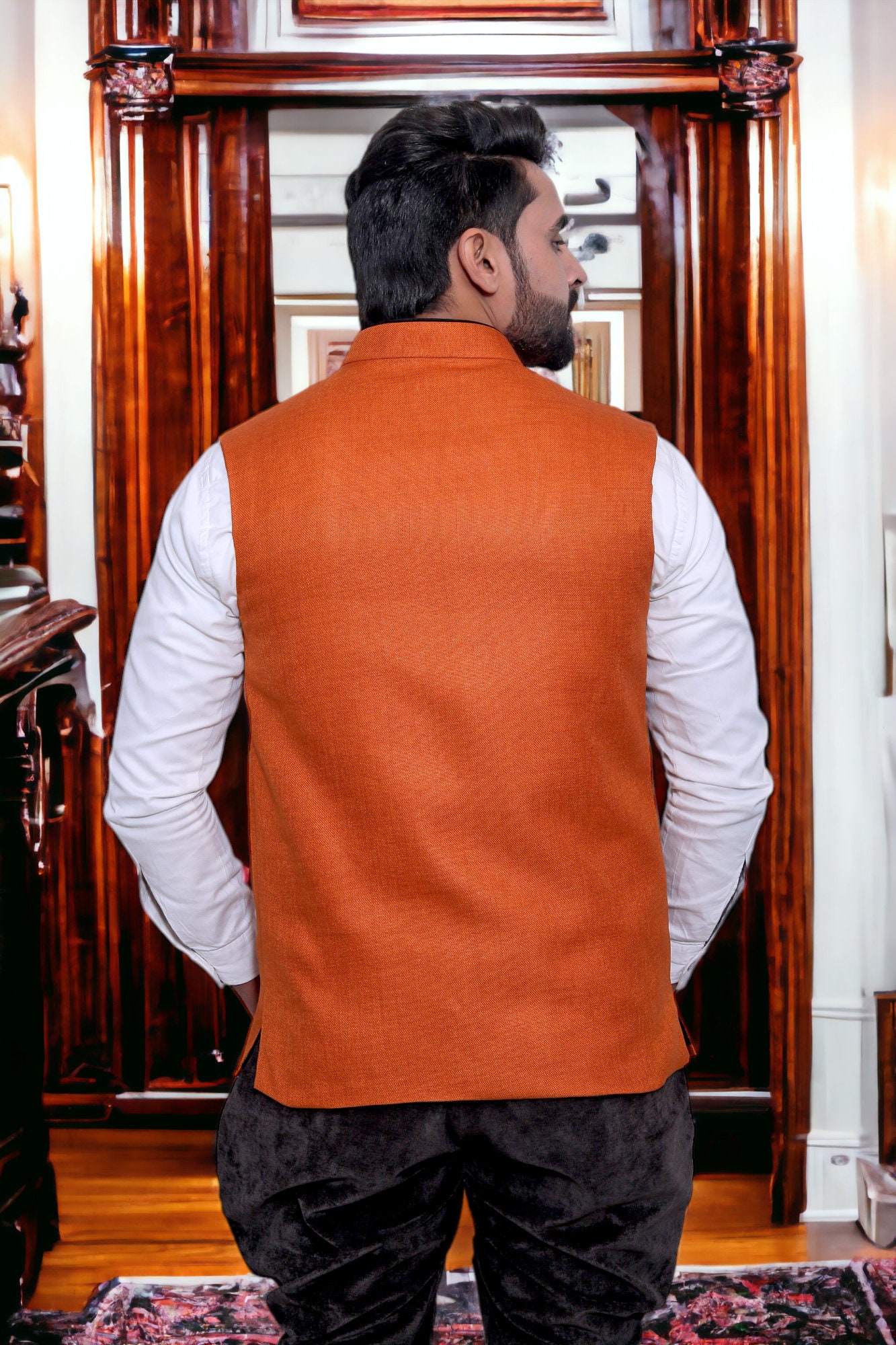 Men Traditional Jute Orange Nehru Jacket Stylish Ethnic Indian ...