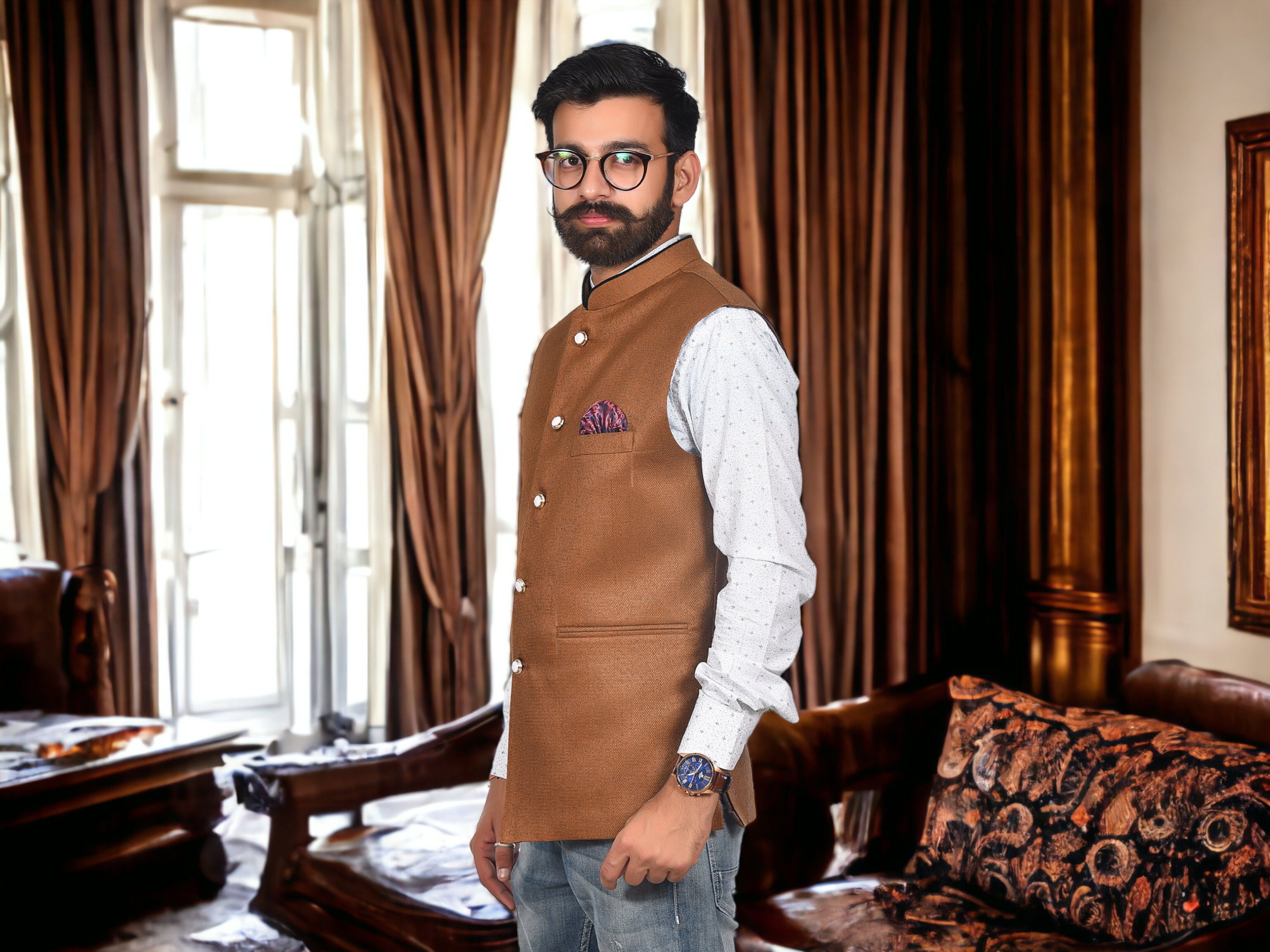 Men Brown Traditional Jute Nehru Jacket Classic Indian Style Premium ...