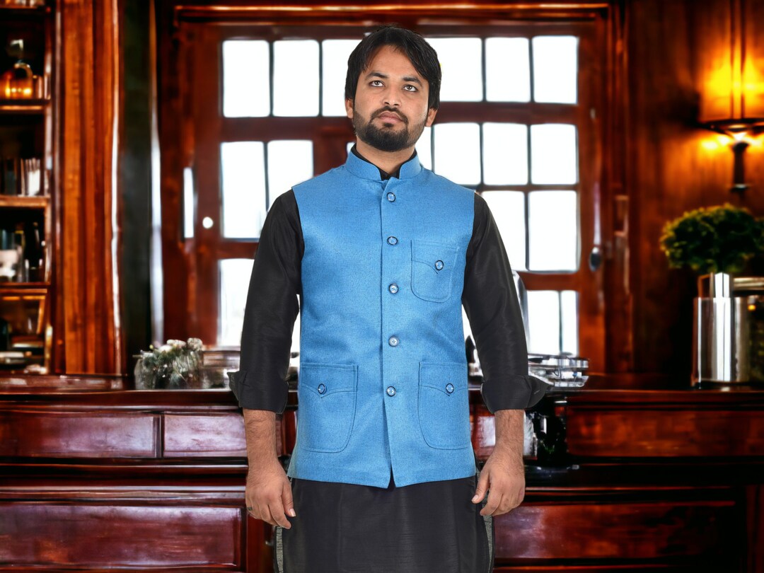 Men Traditional Sky Blue Nehru Jacket Exquisite Ethnic Attire ...