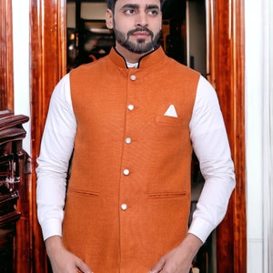 Men Traditional Jute Orange Nehru Jacket Stylish Ethnic Indian ...