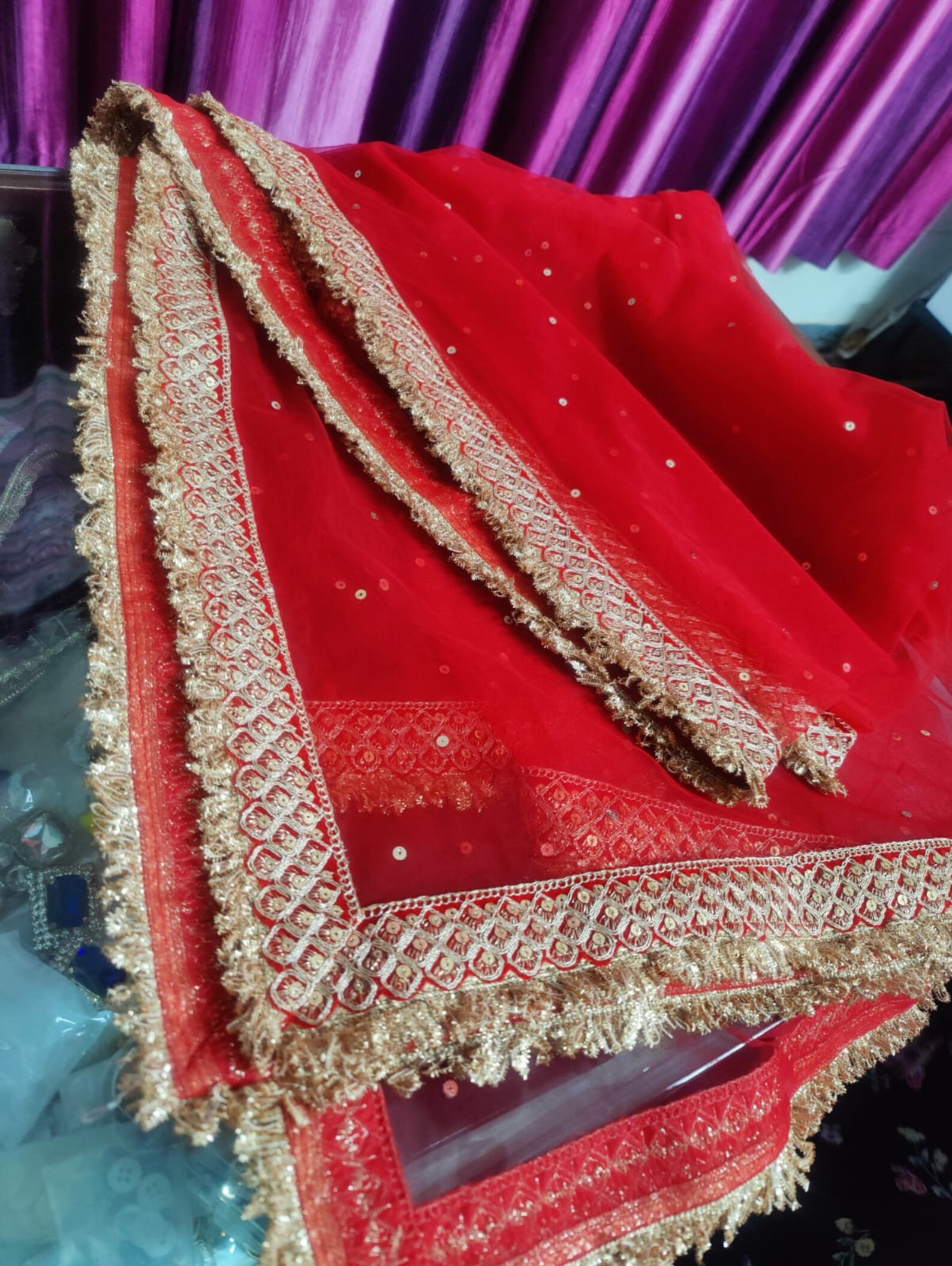 Royal Handmade Bridal Dupatta, Red Bridal Dupatta With Heavy Lace ...