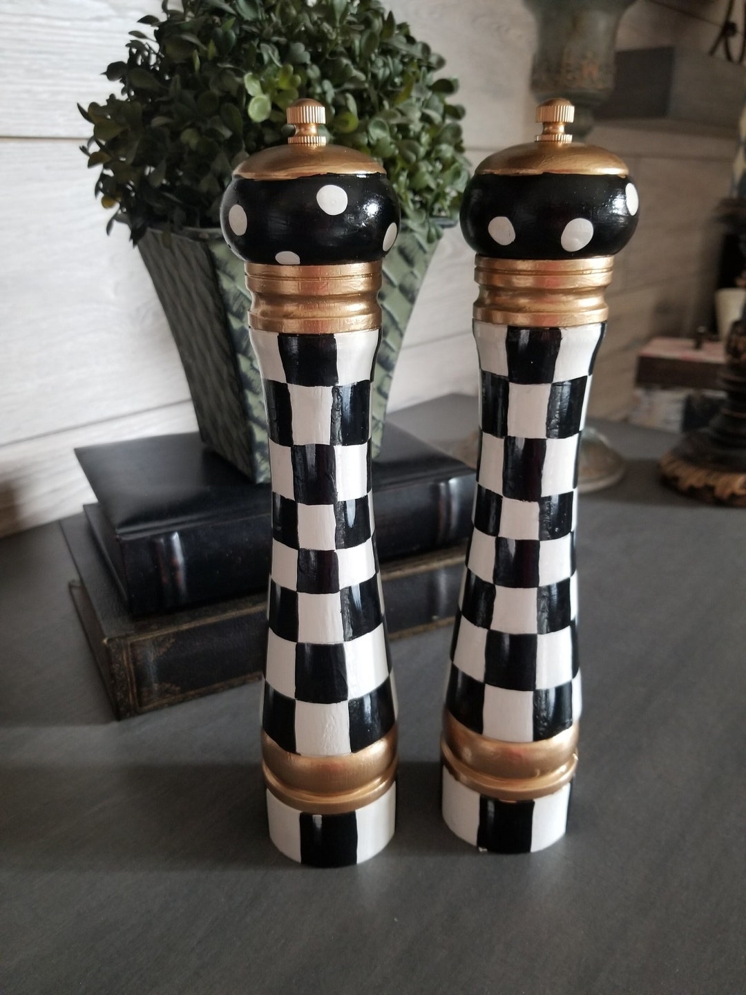 Black and White Checkered Salt Shaker and Pepper Mill Whimsical Salt ...