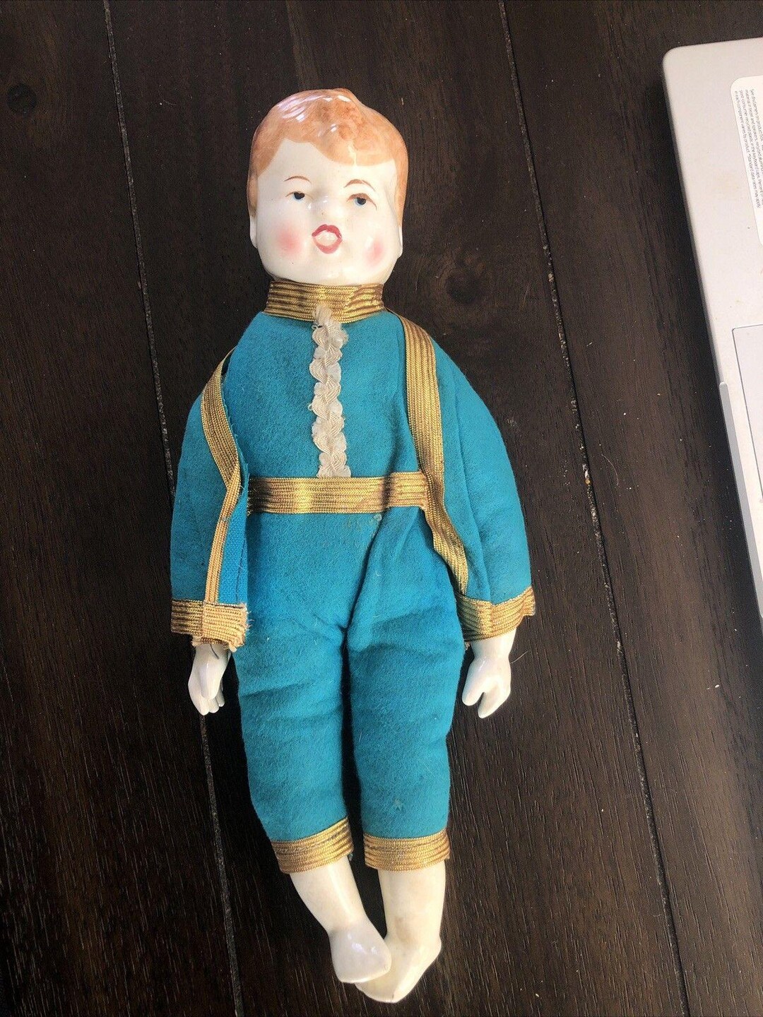 Vintage SHACKMAN Boy Doll Porcelain Shoulder Head W/ Blue Outfit Gold ...