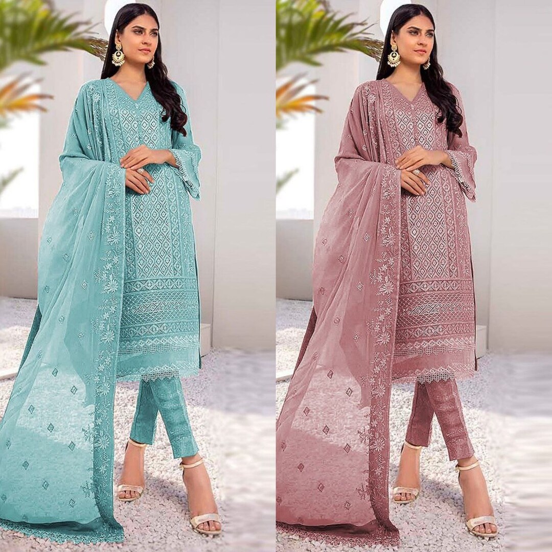 Heavy Net With Pakistani Style Long Dress With Hevy Embroidery - Etsy