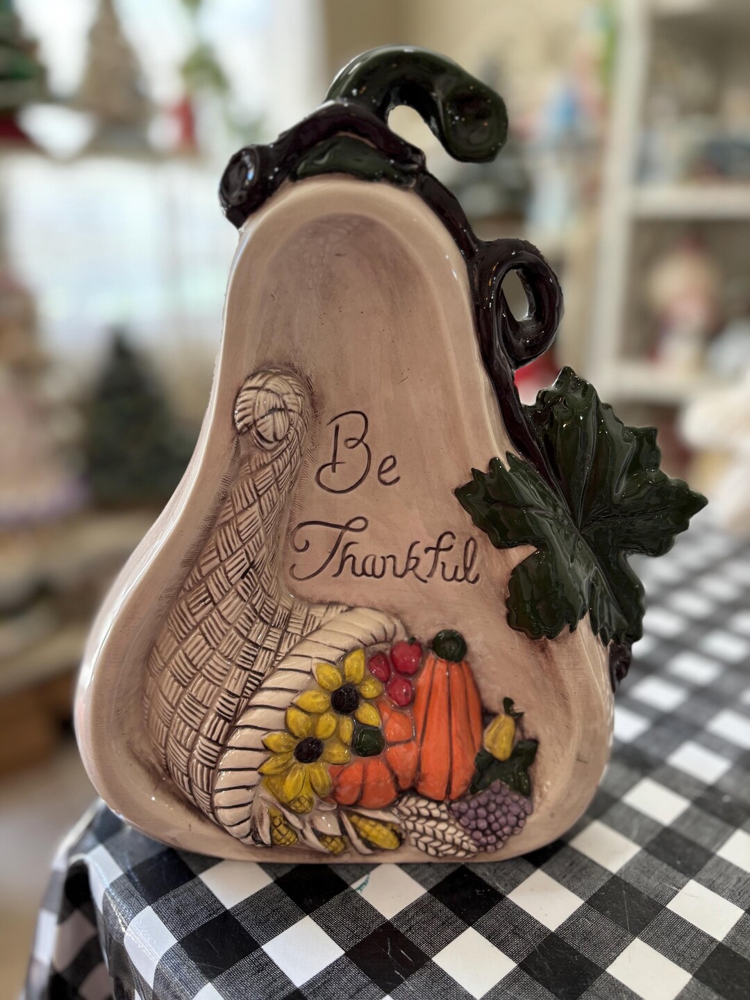 Be Thankful Ceramic Cornucopia Gourd – Antiqued Brown Fall Décor ...