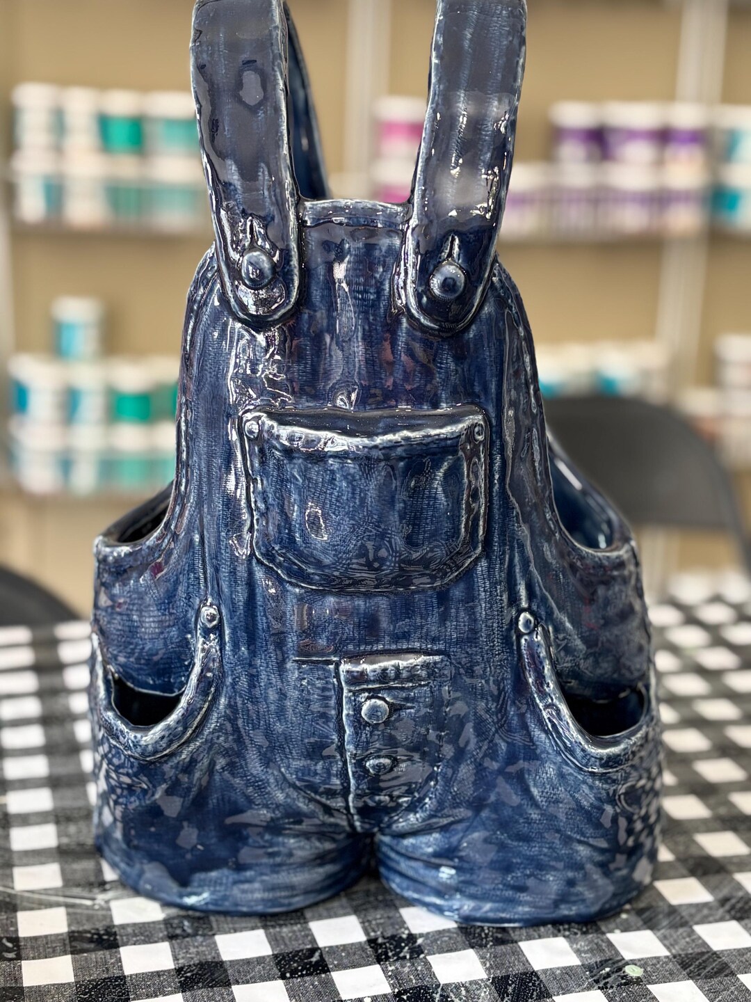 Hand-painted Ceramic Overall Player – Denim Blue Glaze, 14” Handmade ...