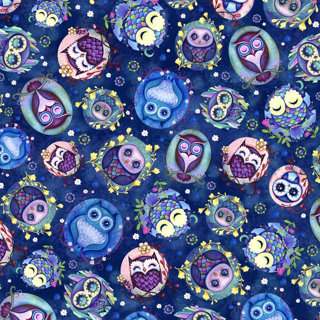 Hootie Patootie Dark Blue Owl Toss by Jeremiah Ketner for P&B Textiles ...