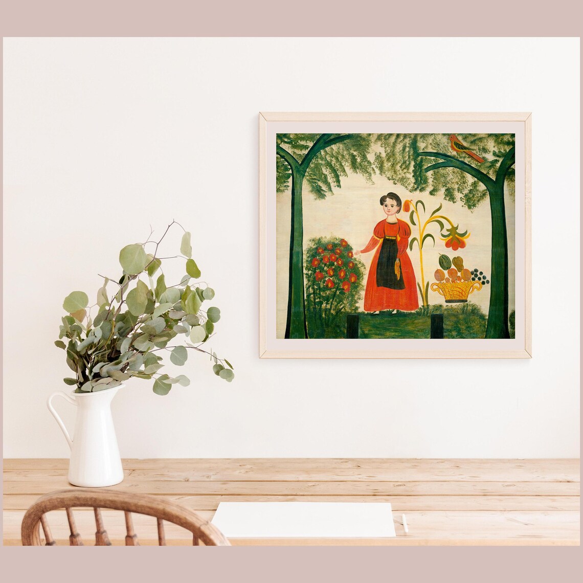 Girl in Red With Flowers and a Distelfink by American 19th Century C ...