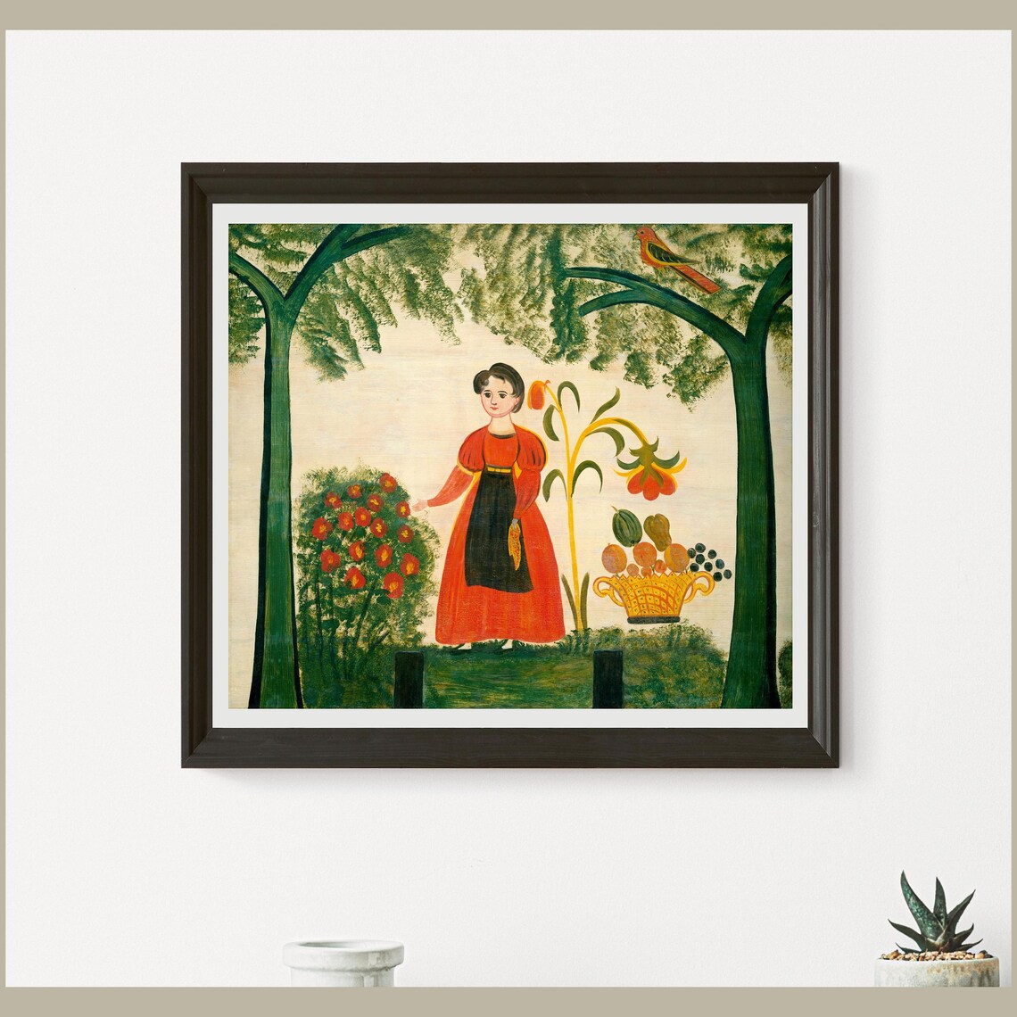 Girl in Red With Flowers and a Distelfink by American 19th Century C ...