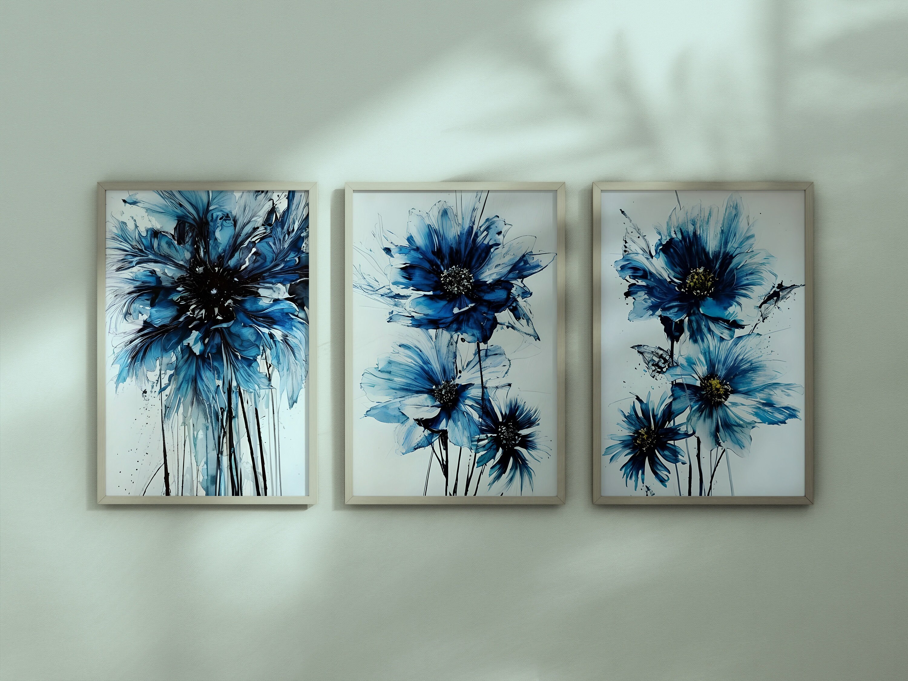 Abstract Blue Flowers Art Prints Set of 3 Printable Wall Art Unique ...