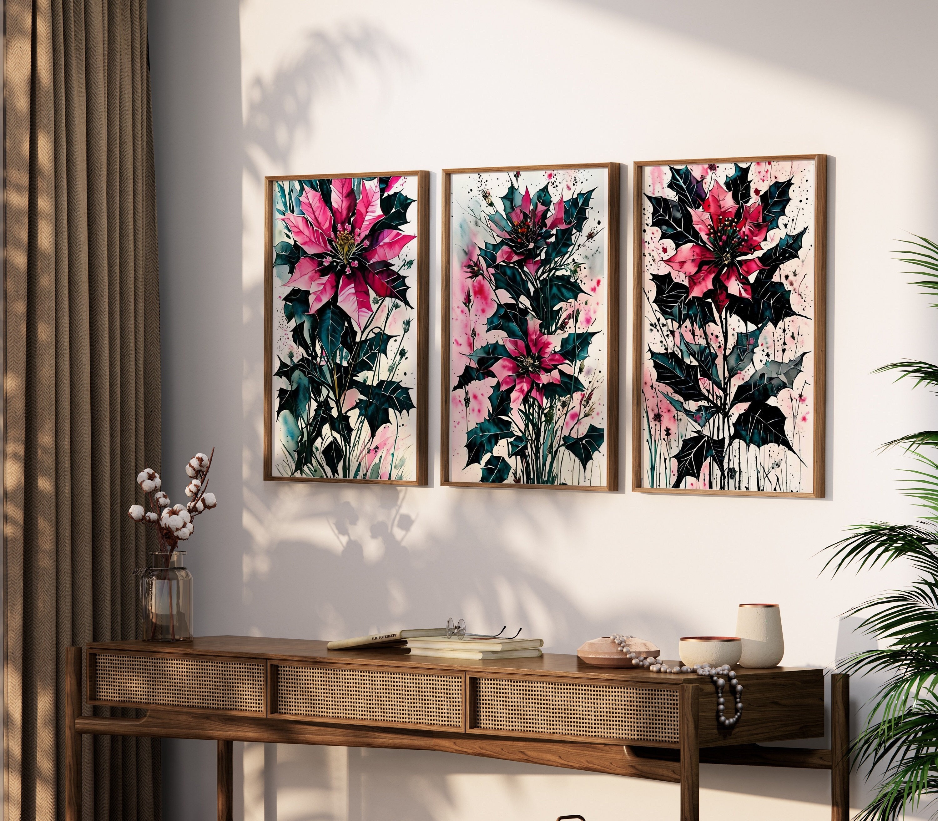 Poinsettia Flower Printable Holiday Watercolor and Ink Drawing Set of 3 ...