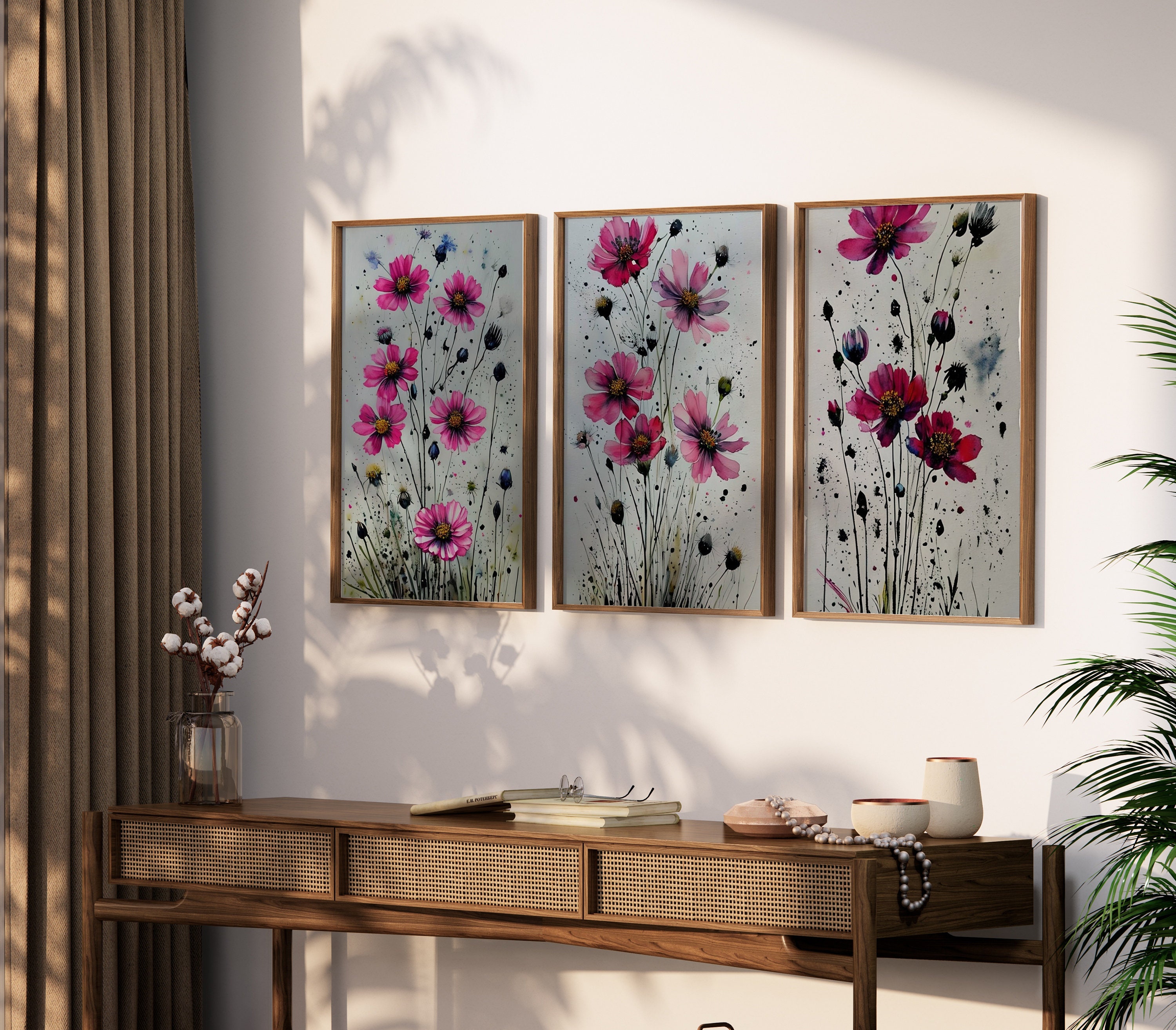 Cosmos October Birth Flower Printable Set of 3, Watercolor and Ink ...