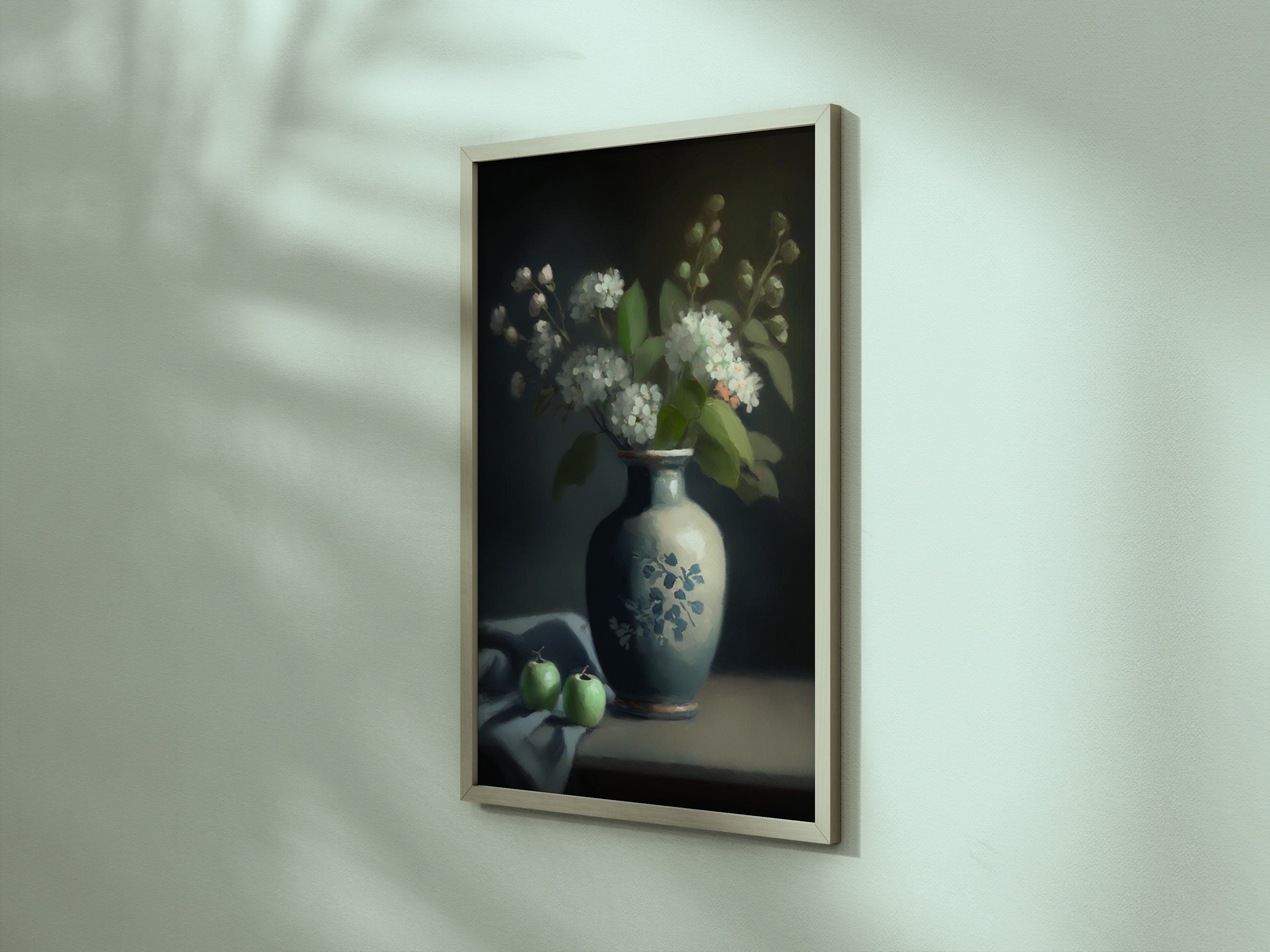 Still Life Flower Vase Oil Painting - Turquois Blue and Green Muted ...