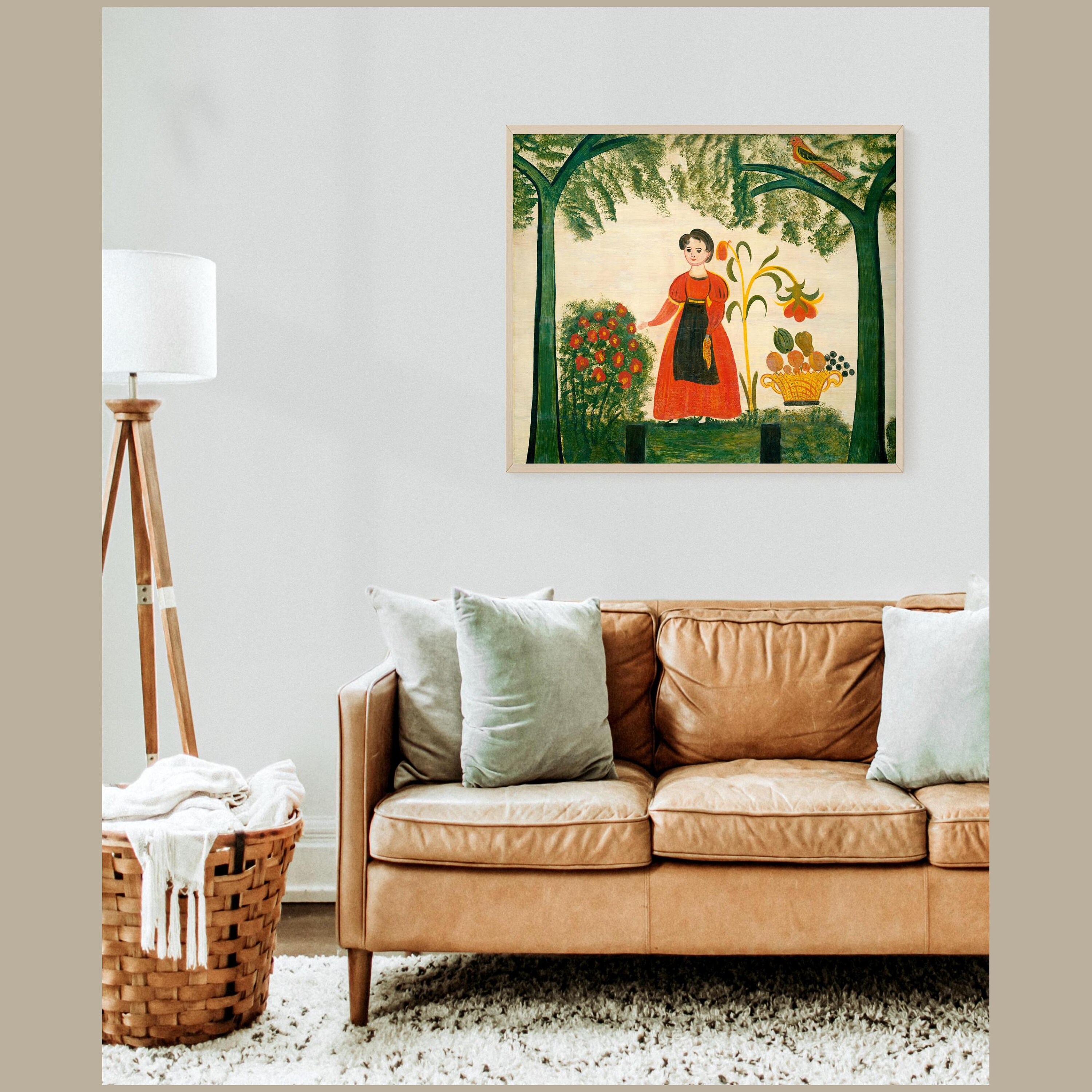 Girl in Red With Flowers and a Distelfink by American 19th Century C ...