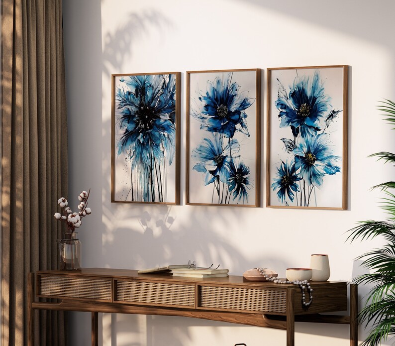 Abstract Blue Flowers Art Prints - Set of 3 Printable Wall Art Unique ...