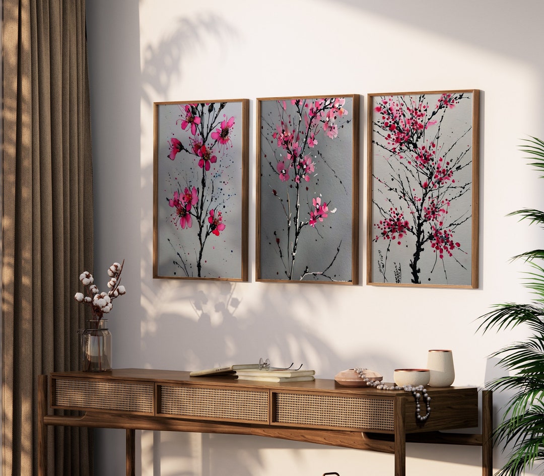Sakura Set of 3 Watercolor Prints, March Birth Flower, Pink, Blue and ...