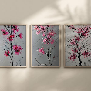 Sakura Set of 3 Watercolor Prints, March Birth Flower, Pink, Blue and ...