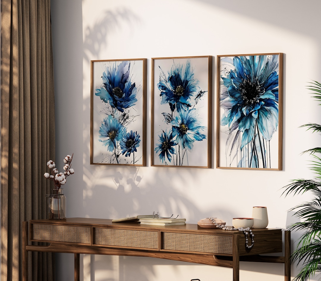 Abstract Blue Watercolor Flowers Set of 3 - Etsy