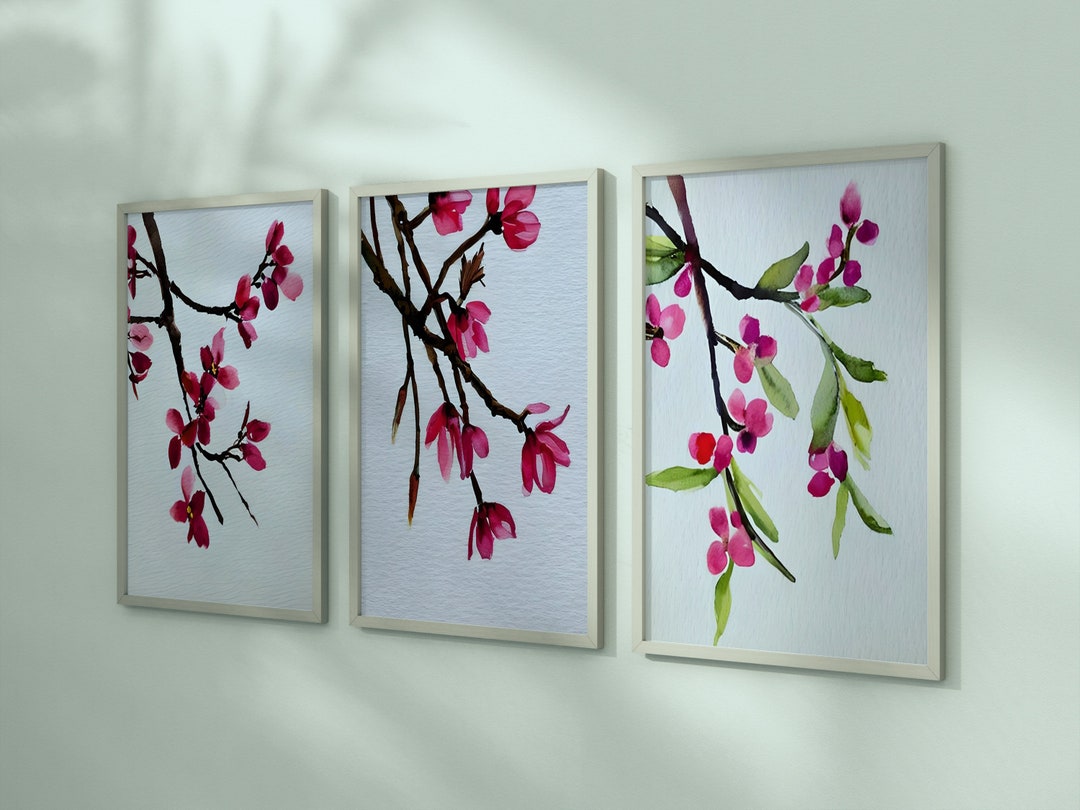 Watercolor Pink Flowers - Sakura Flower Art Print - Set of 3 Cherry ...