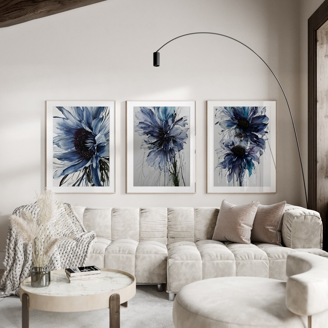 Purple Blue Flower Prints Set of 3 Printable Wall Art - Unique Art ...