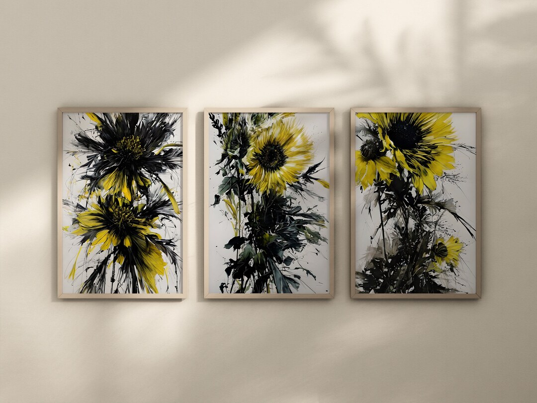 Set of 3 Prints - Yellow Flowers Wall Art Printable Matching Paintings ...
