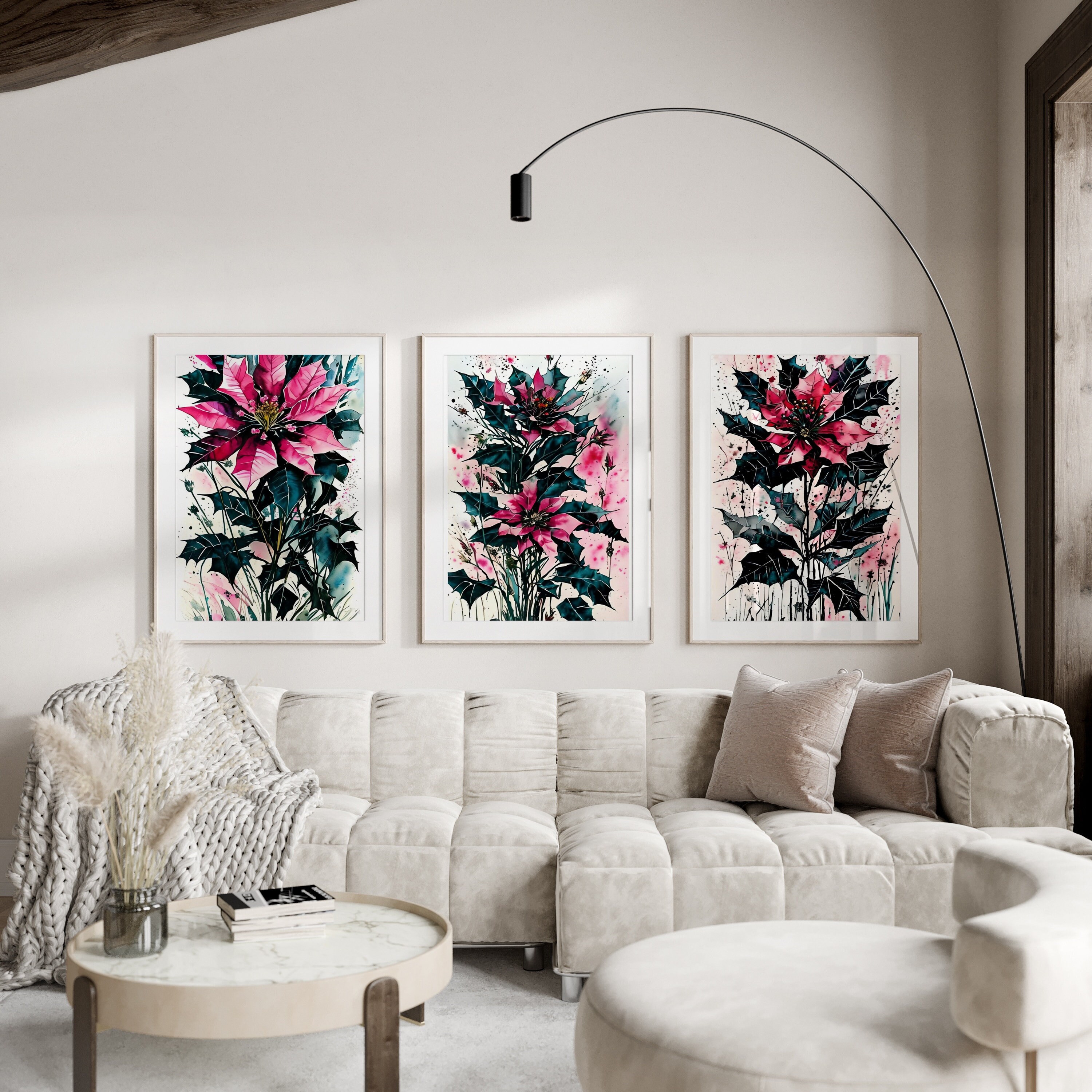 Poinsettia Flower Printable Holiday Watercolor and Ink Drawing Set of 3 ...