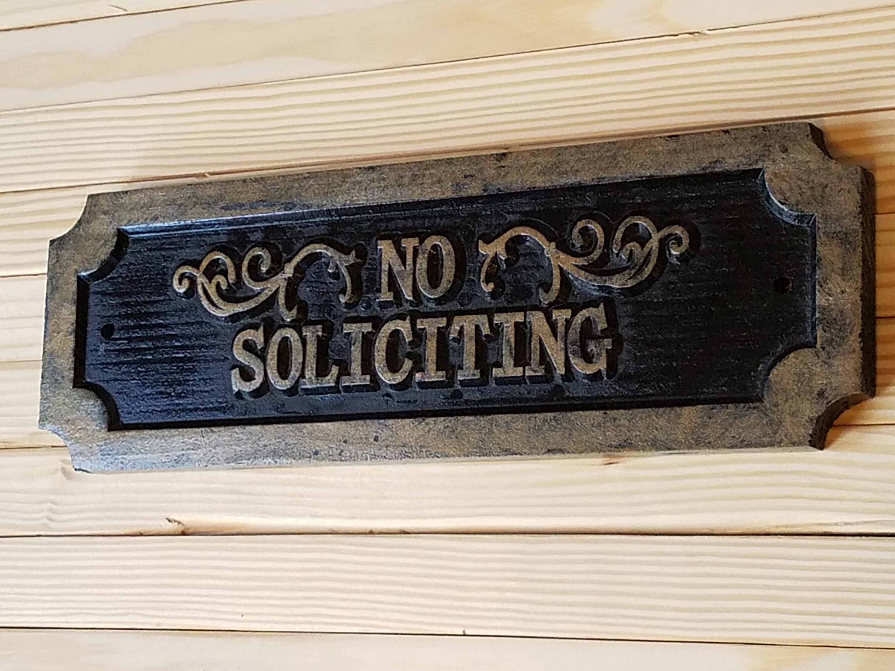 No Soliciting Sign Carved Wood Featuring Antique Brass on Black Finish ...