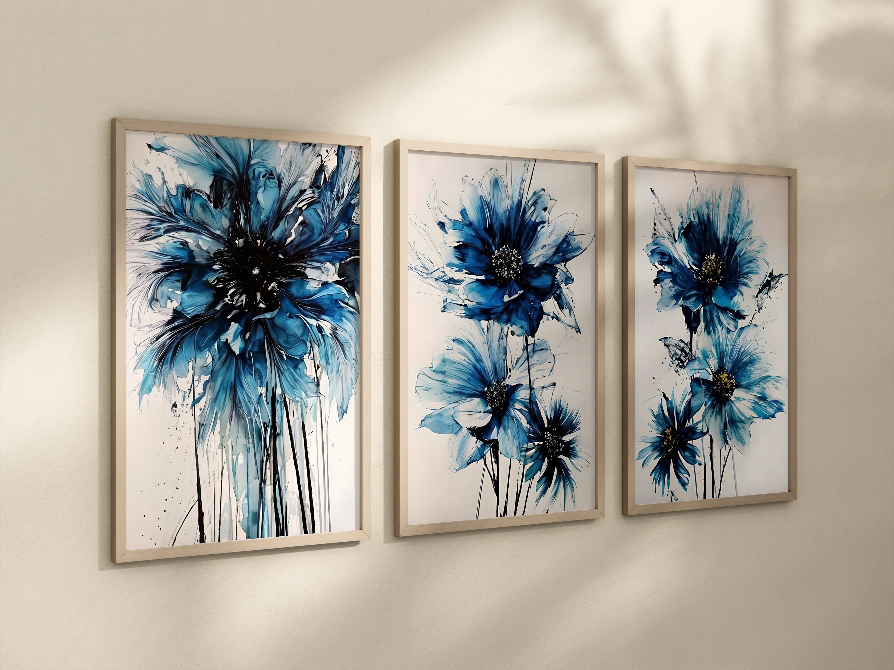Abstract Blue Flowers Art Prints Set of 3 Printable Wall Art Unique ...