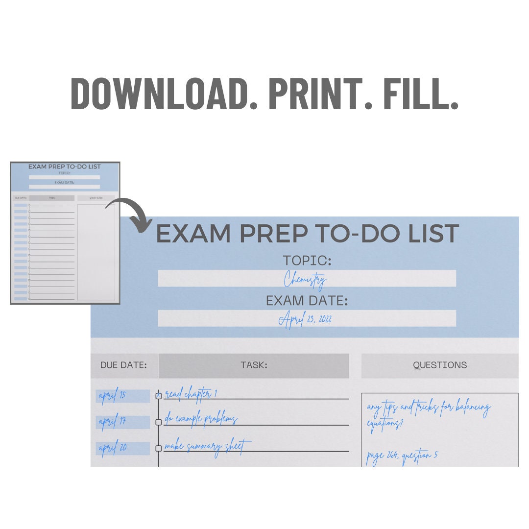 Study Planner/task List for Exam and Test Preparation, Checkboxes ...