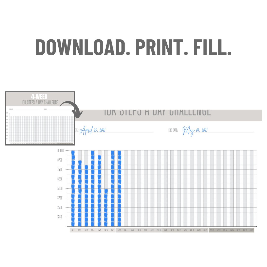 10K Steps a Day Fitness Challenge Tracker With Fillable Graph, Easy to ...
