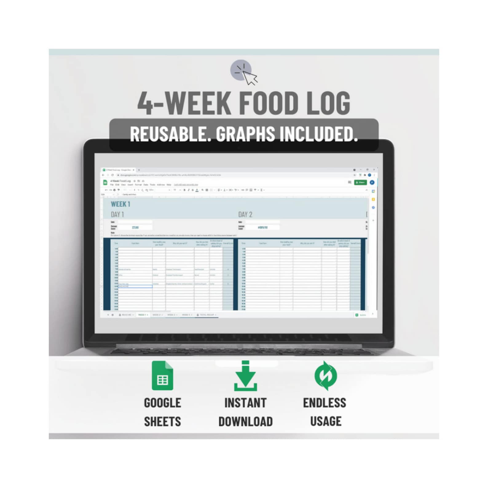 Mindful Eating Food Log Spreadsheet, Reusable 4 Week Template With ...