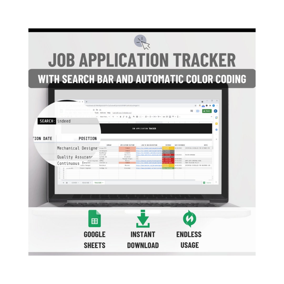 Job Application Tracker With Search Function and Automatic Color Coding ...