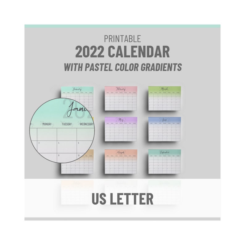 2022 Monthly Calendars With Pastel Color Gradient Banners & | Etsy