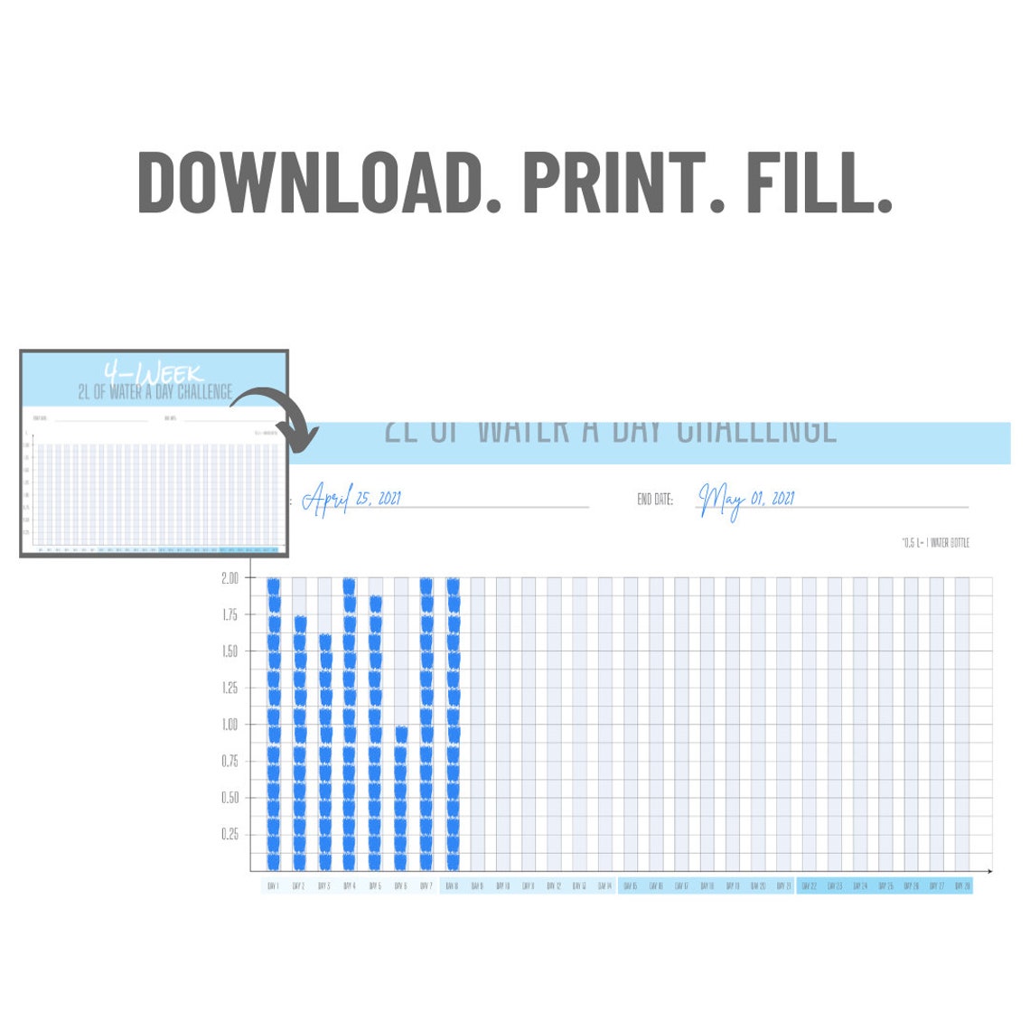 Drink 2L of Water a Day Challenge Tracker With Fillable Graph, Easy to ...