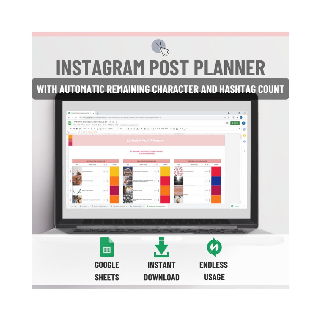 Instagram Post Planner Spreadsheet With Grid Preview, Hashtag Count and ...