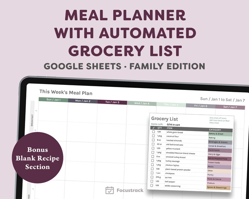 Weekly Meal Planner Template and Grocery List Google Sheets Digital ...