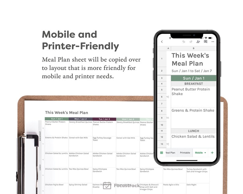 Weekly Meal Planner Template and Grocery List Google Sheets Digital ...