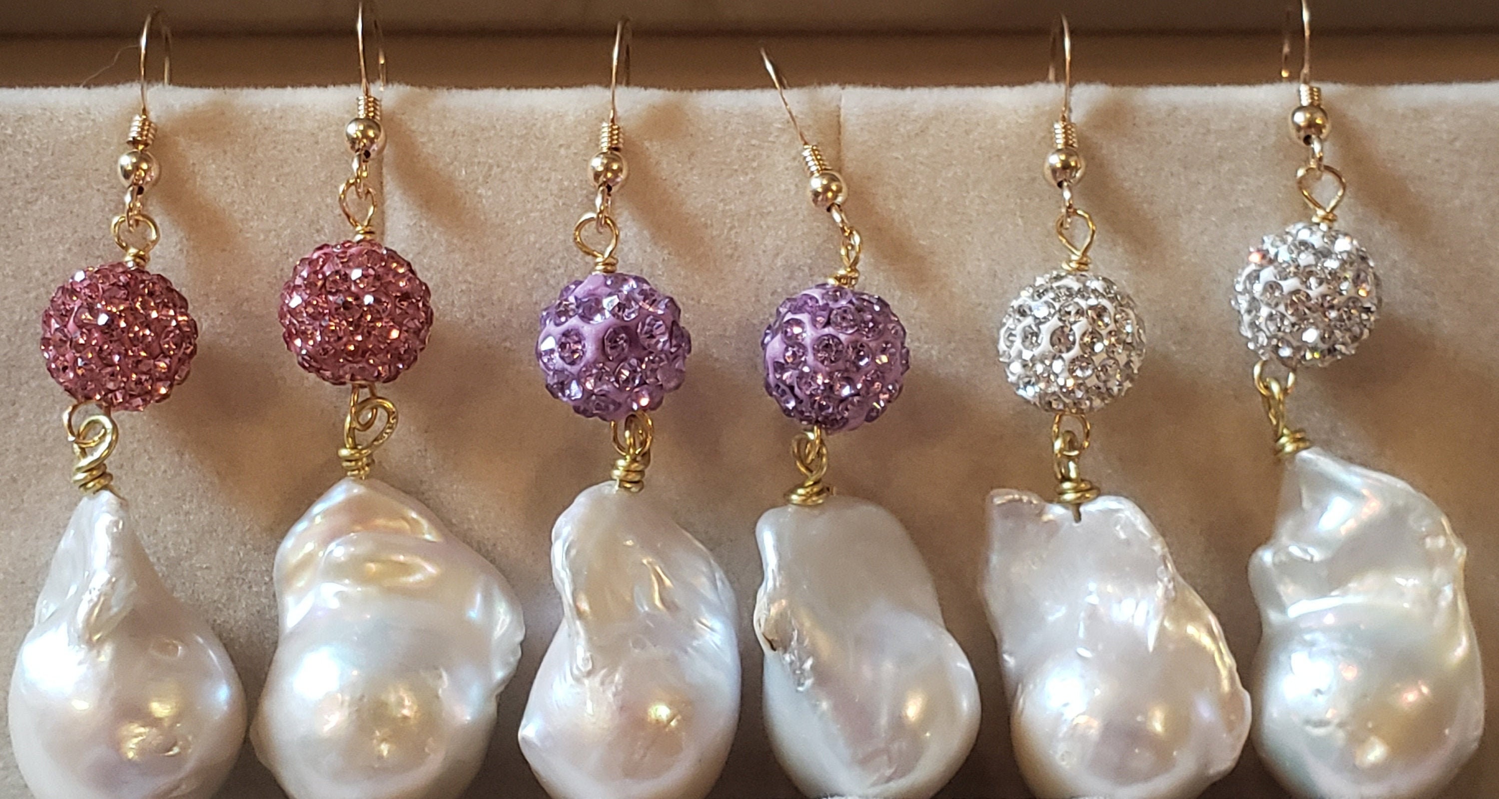 Large baroque freshwater pearl white lavender purple sparkle earrings ...