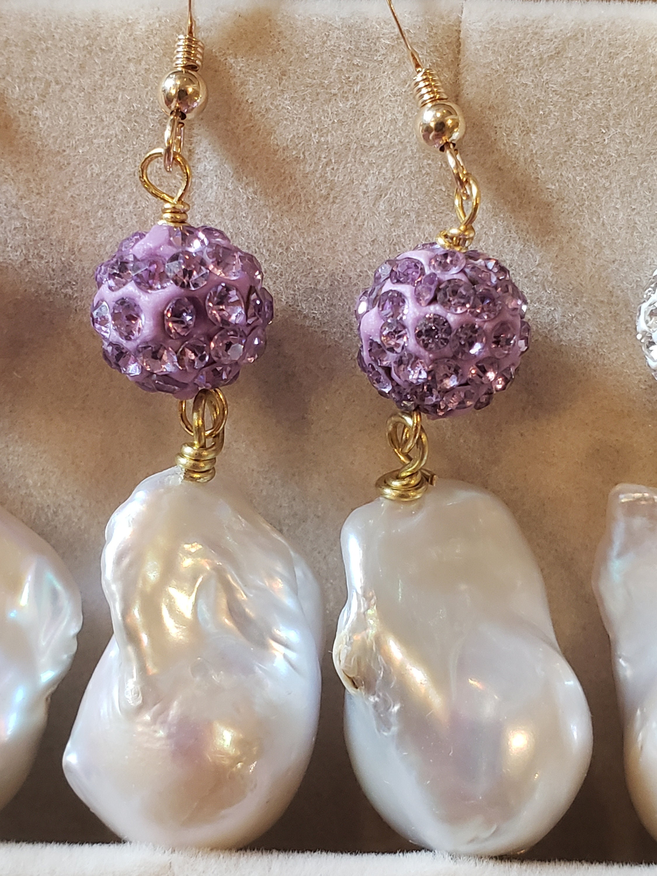 Large baroque freshwater pearl white lavender purple sparkle earrings ...
