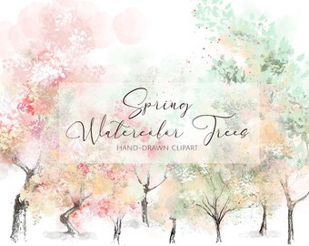 Watercolor Spring Trees Clipart Blossom Mountain Landscape - Etsy