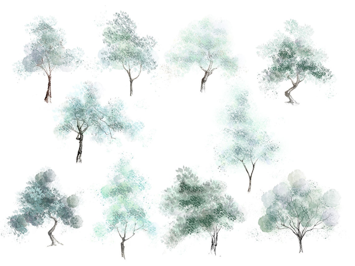 Teal Trees PNG Aqua Watercolor Clipart Floral Spring | Etsy