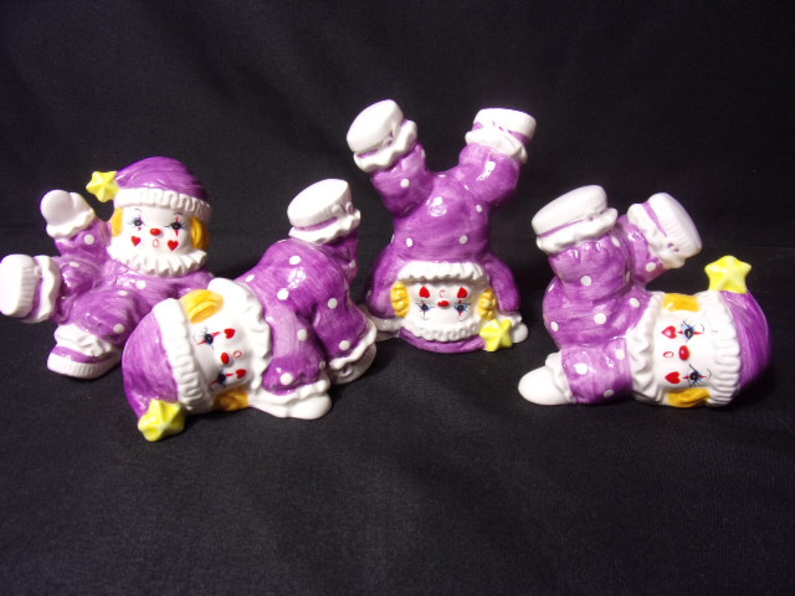 Vintage Tumbling Clowns Enesco Set of 4 Purple Ceramic Clowns Giftware ...
