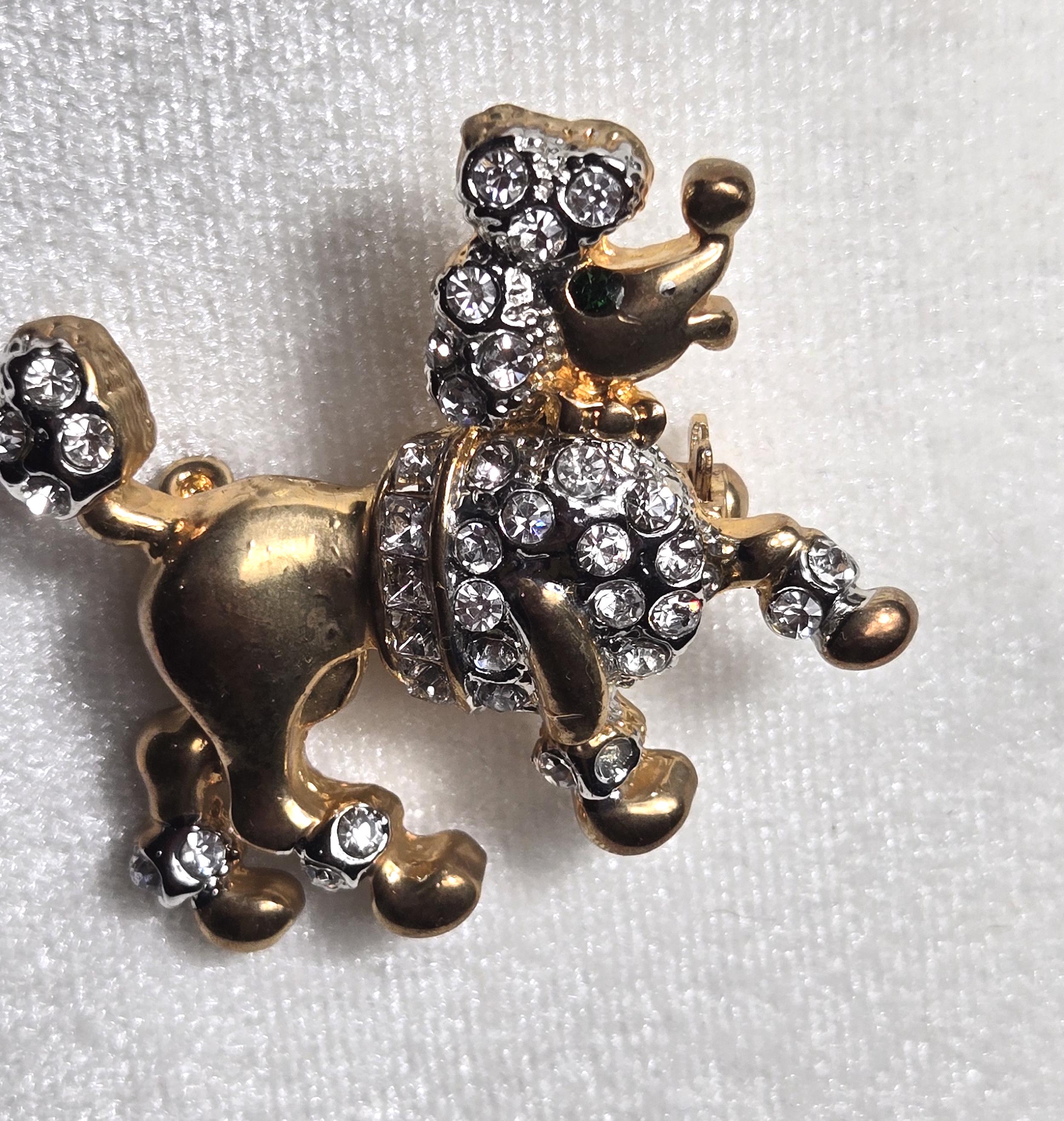 Vintage Gold Rhinestone Poodle Pin With Green Eye, Sparkling Puppy ...