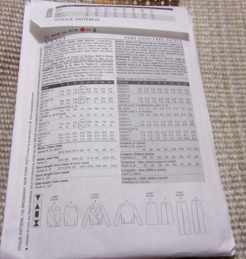 Vintage Vogue 8523 Sewing Pattern: Misses Jacket, Vest, Skirt & Pants ...