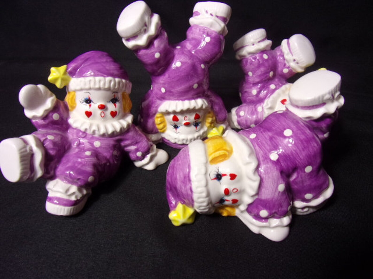 Vintage Tumbling Clowns Enesco Set of 4 Purple Ceramic Clowns Giftware ...