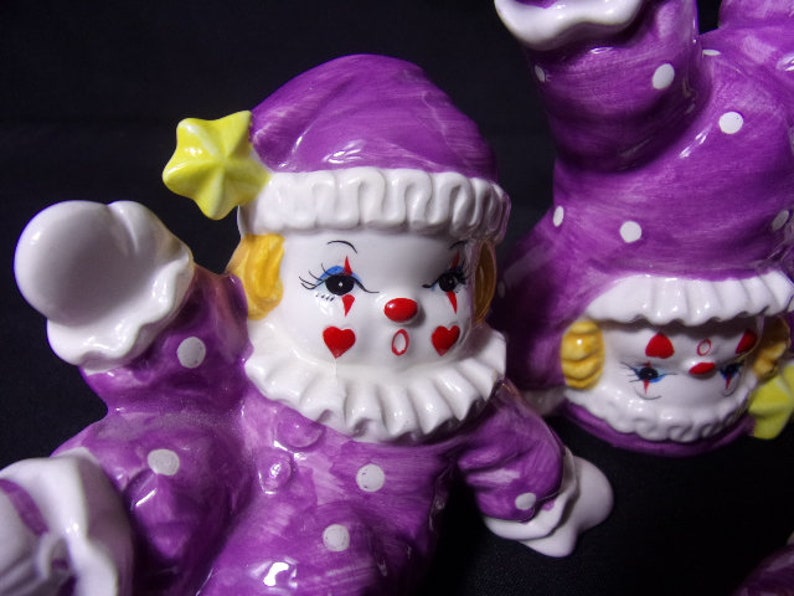 Vintage Tumbling Clowns Enesco Set of 4 Purple Ceramic Clowns Giftware ...