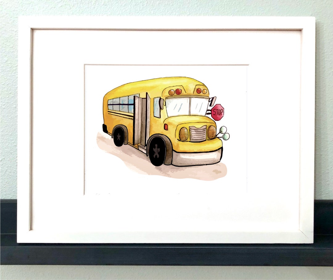 School Bus Art for Kids Room or Nursery, Yellow Bus With Stop Sign ...