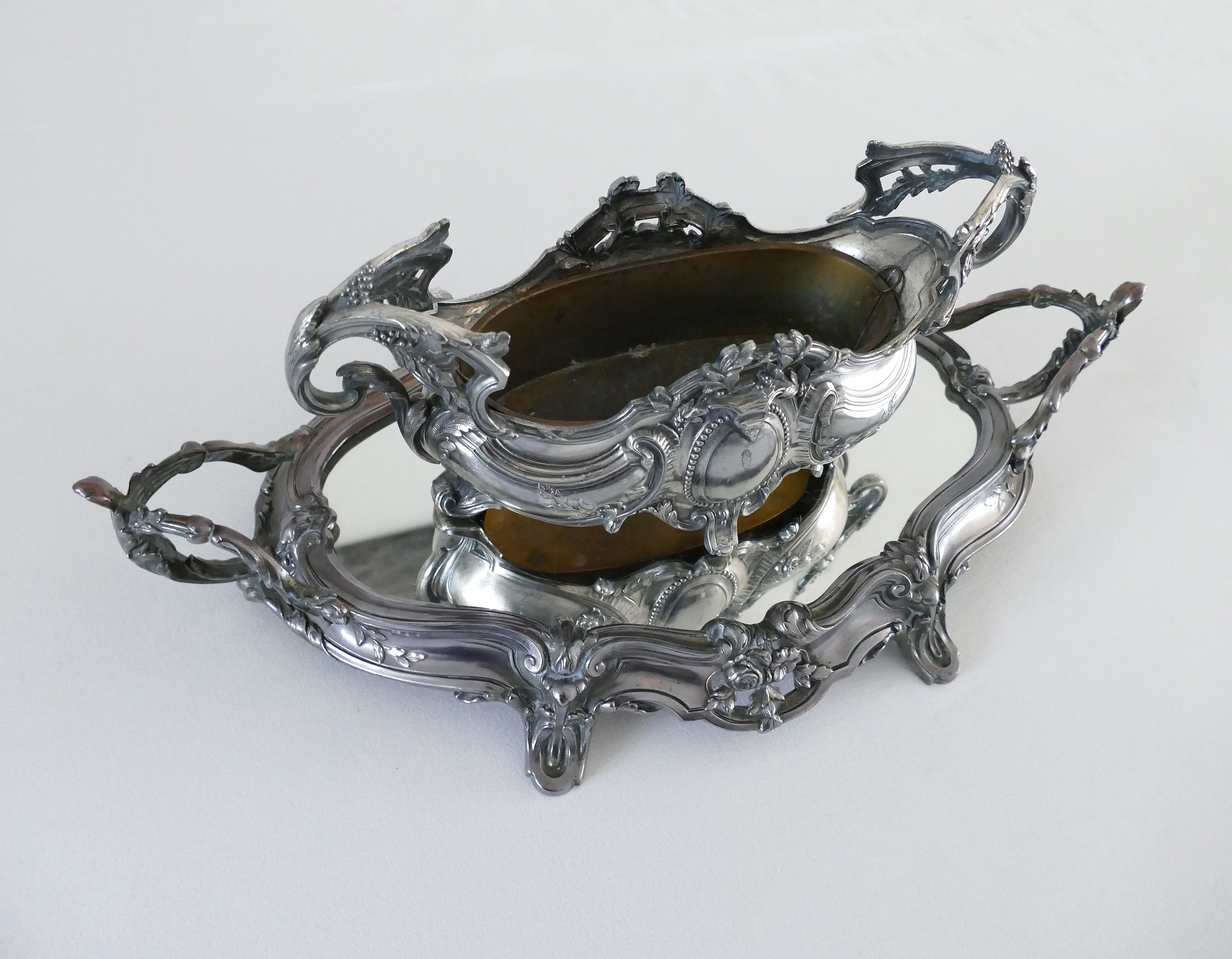Silver-plated Louis XVI Jardiniere on Mirror Plateau Devouge & Dupont ...